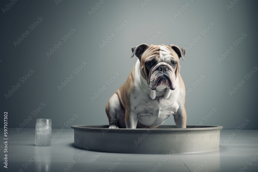 Full-length portrait photography of a happy bulldog drinking from a ...