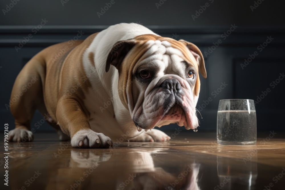 Full-length portrait photography of a happy bulldog drinking from a ...