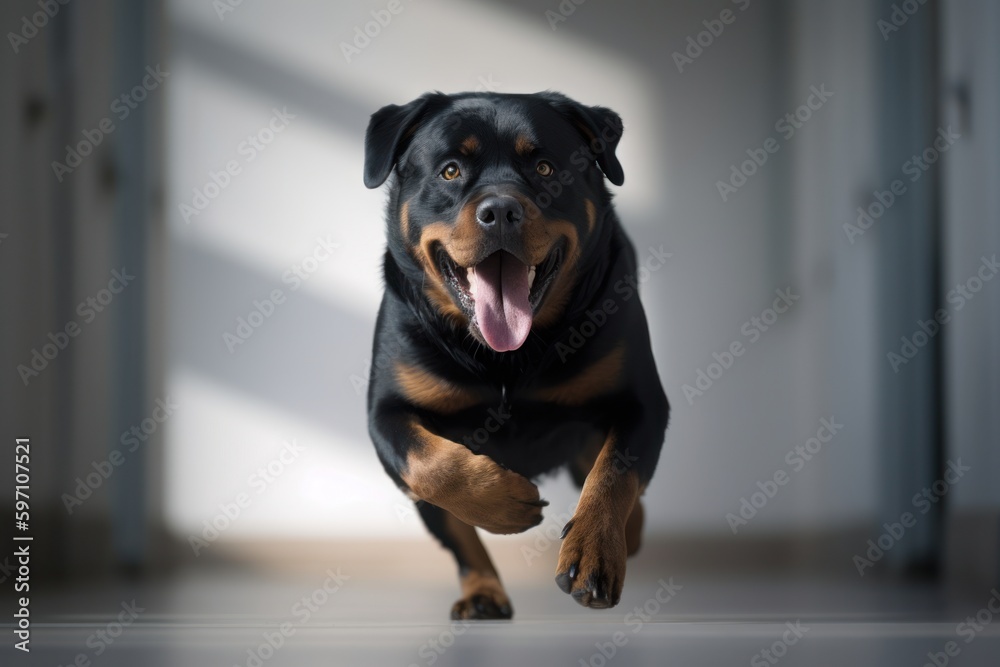 Environmental portrait photography of a happy rottweiler running ...
