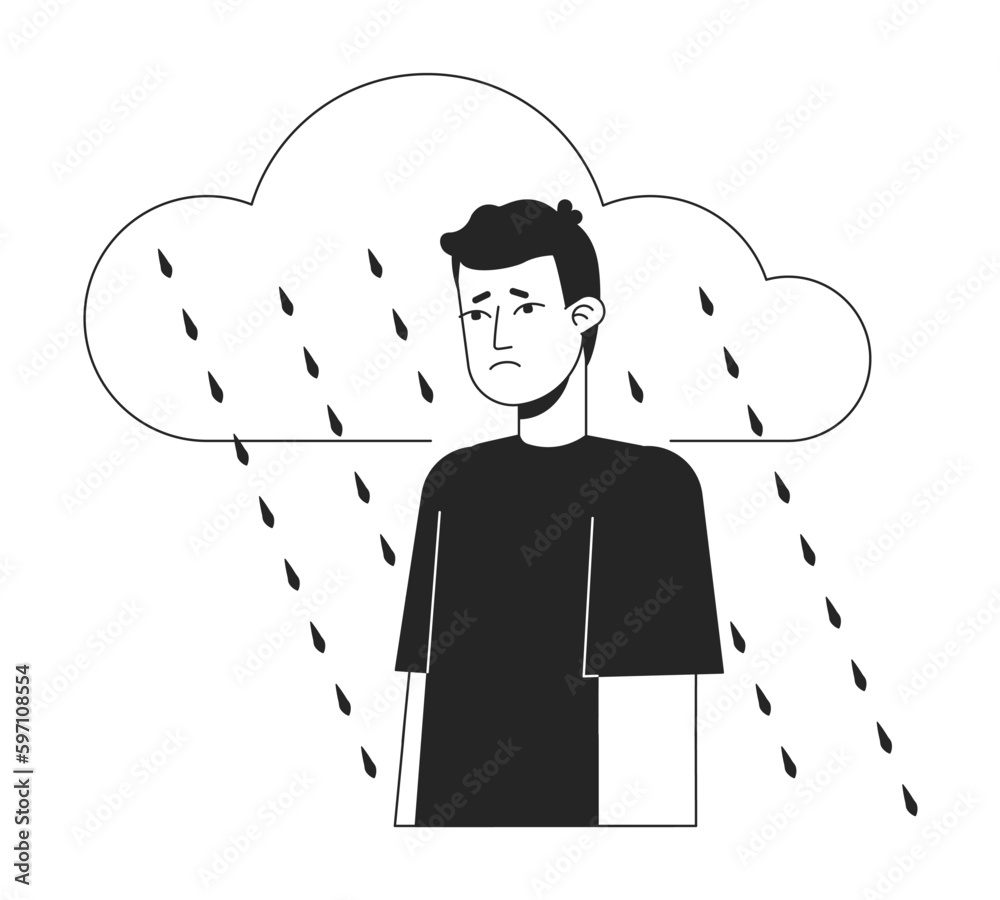 Major depressive disorder bw concept vector spot illustration. Man ...