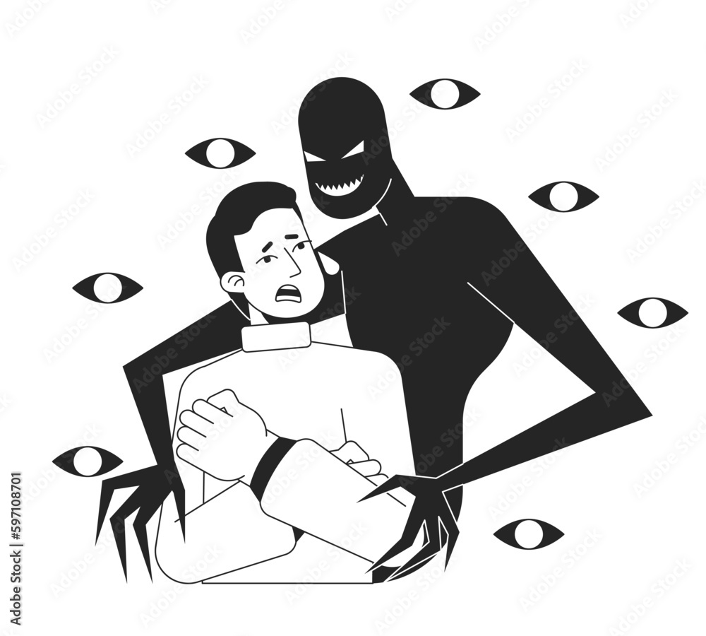 Phobia disorder bw concept vector spot illustration. Man feeling fear ...
