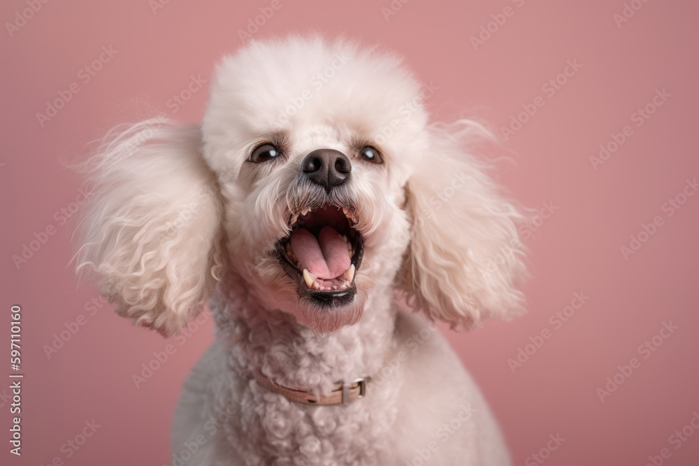 Medium shot portrait photography of an aggressive poodle biting his ...