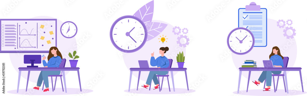 Woman at work, business timing set. Time management illustration with ...