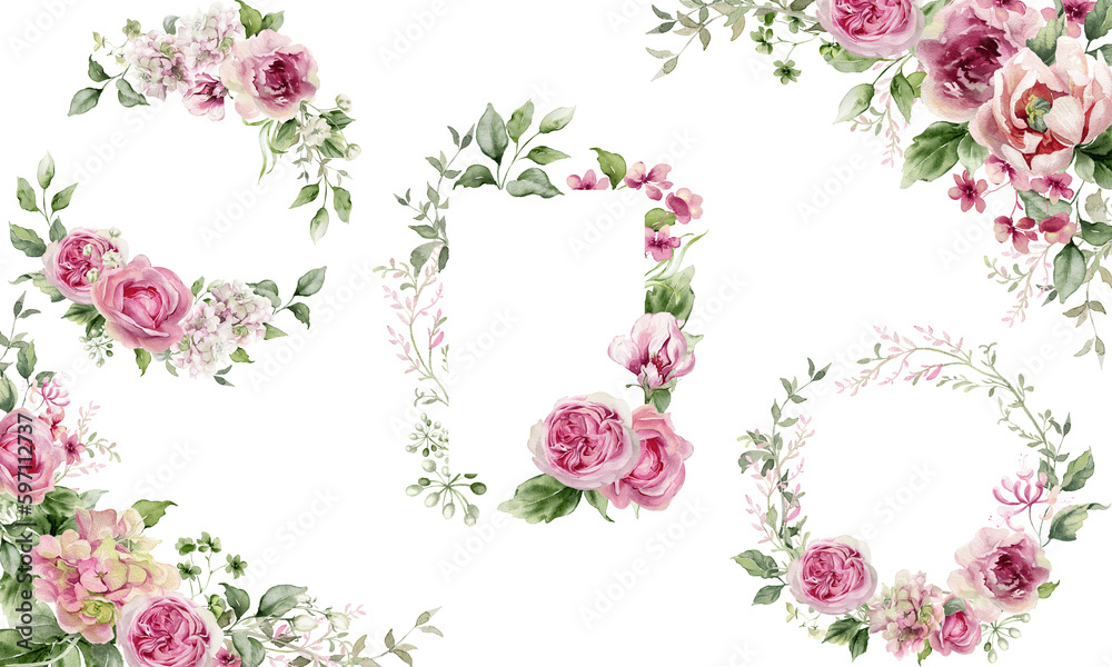 Watercolor flower border set. Pink floral frame with peony, rose ...