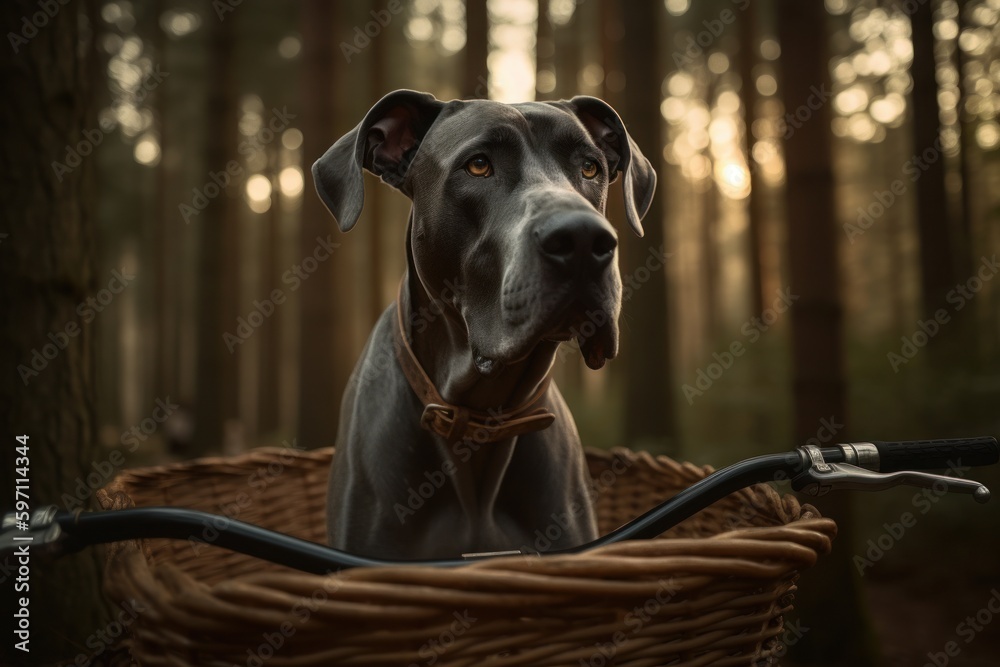 Lifestyle portrait photography of an aggressive great dane riding in a ...