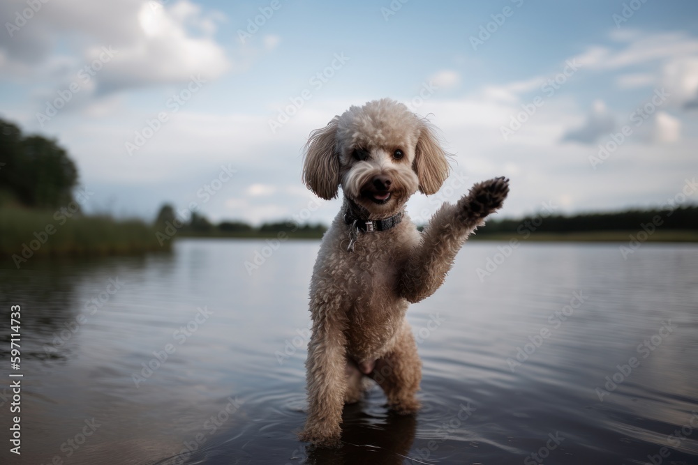 Full-length portrait photography of a happy poodle giving the paw ...