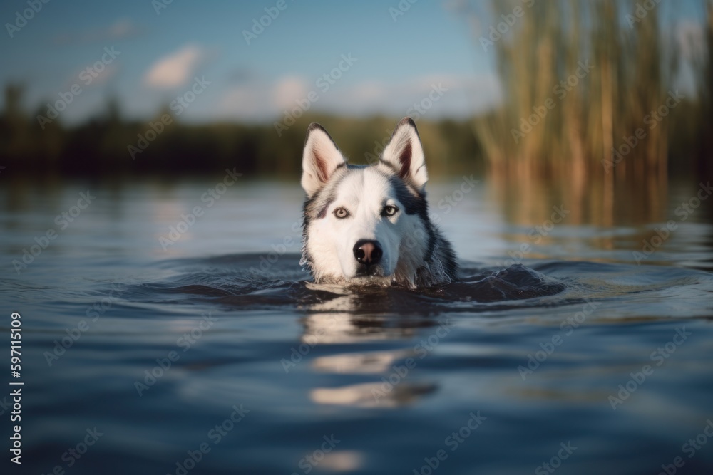 Environmental portrait photography of a curious siberian husky swimming ...