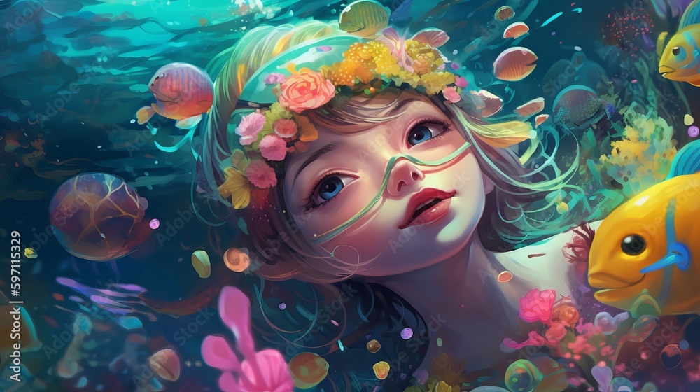 a girl swimming underwater, smile, colorful colors, surrounded by ...