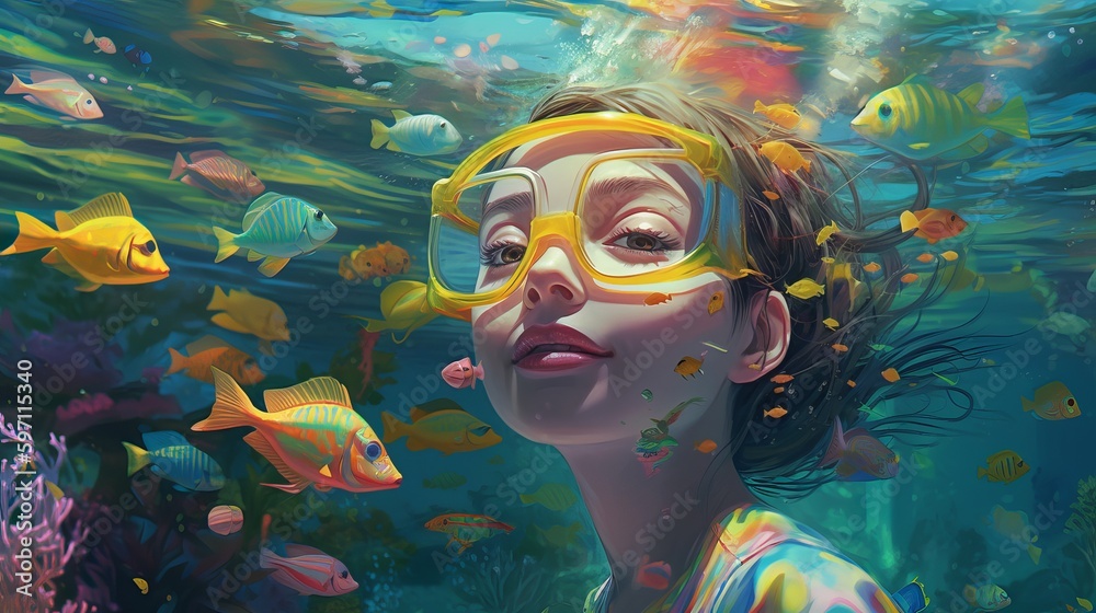 a girl swimming underwater, smile, colorful colors, surrounded by ...