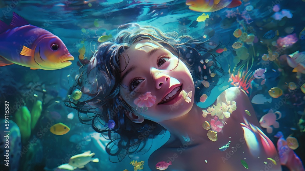 a girl swimming underwater, smile, colorful colors, surrounded by ...