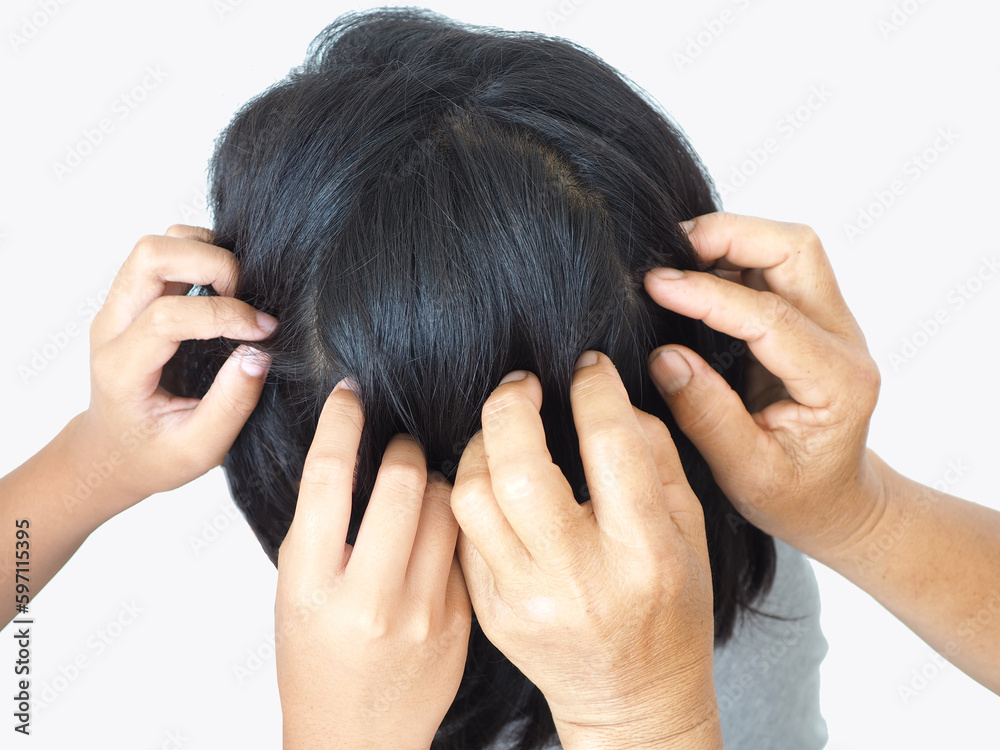 Mother and sister find lice, cleaning the hair on the head by hands ...