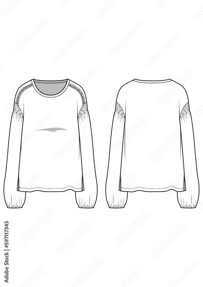 Womenswear crewneck lace inserted shoulder and smocking detail puff ...