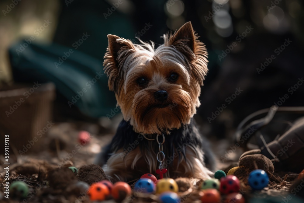 Full-length portrait photography of a scared yorkshire terrier playing ...