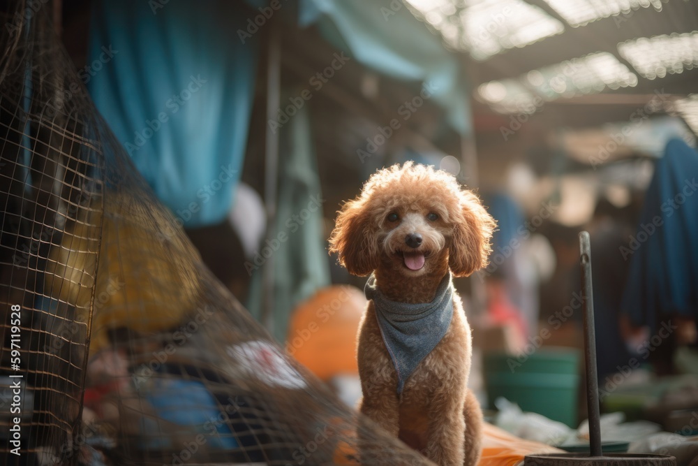 Group portrait photography of a happy poodle holding a butterfly net ...