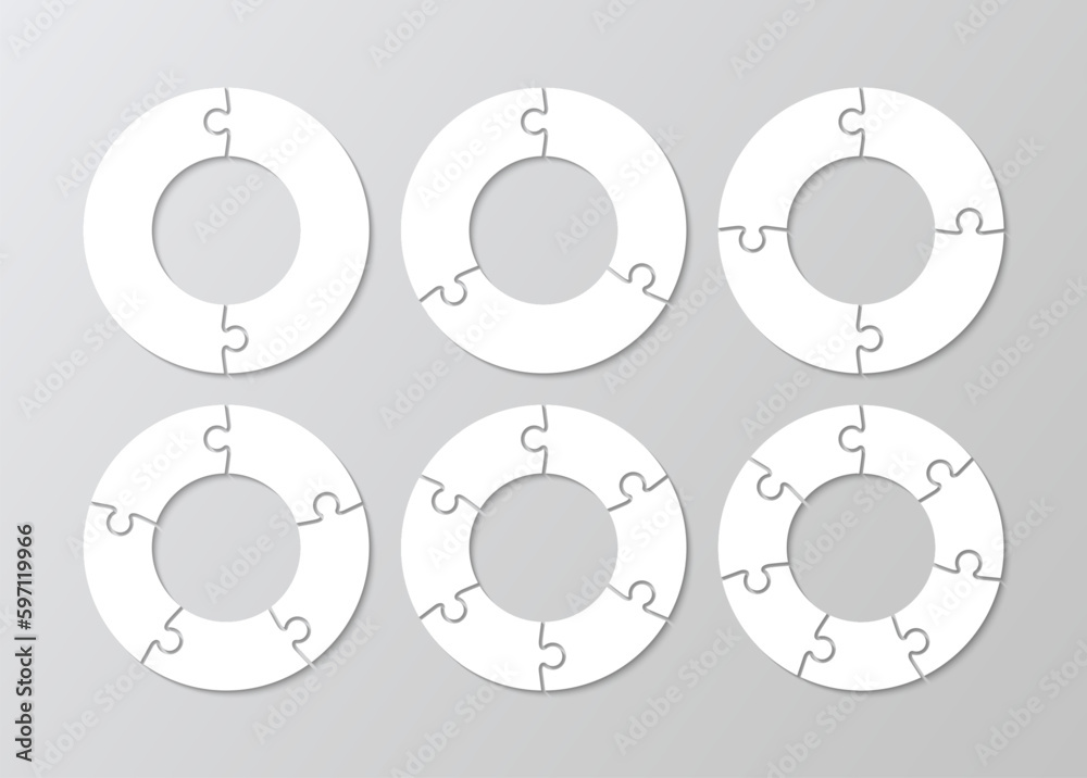 Set of ring jigsaw grids. Puzzle grids collection with 2,3, 4, 5, 6, 7 ...