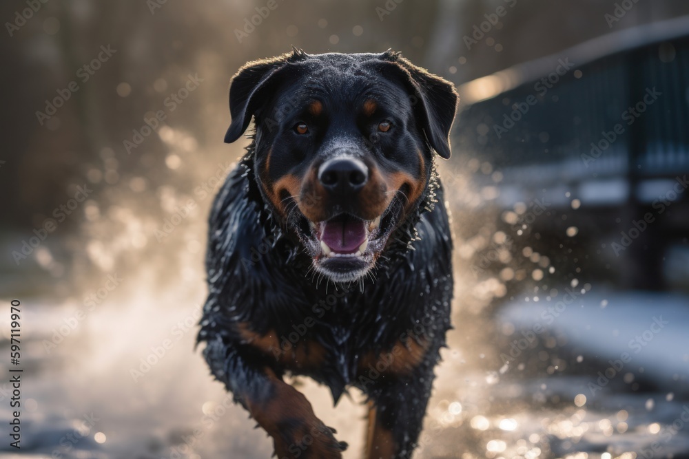 Group portrait photography of a happy rottweiler running through a ...