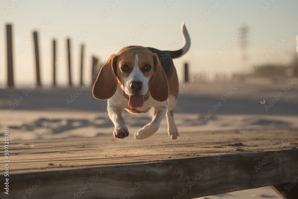 Lifestyle portrait photography of a happy beagle chasing a squirrel ...