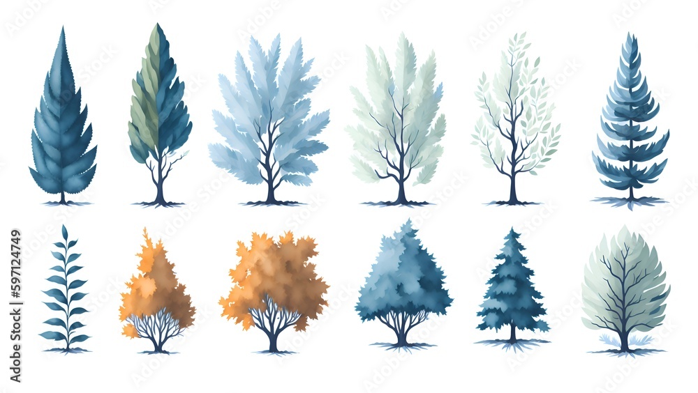 Watercolor trees collection. Set of hand drawn trees. Forest tree pack ...