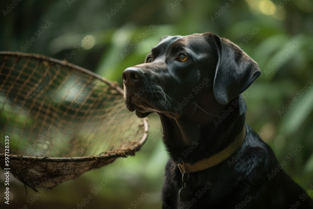 Lifestyle portrait photography of a curious labrador retriever holding ...