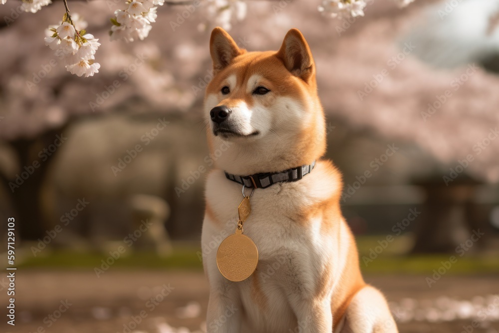 Full-length portrait photography of a curious akita inu wearing a medal ...
