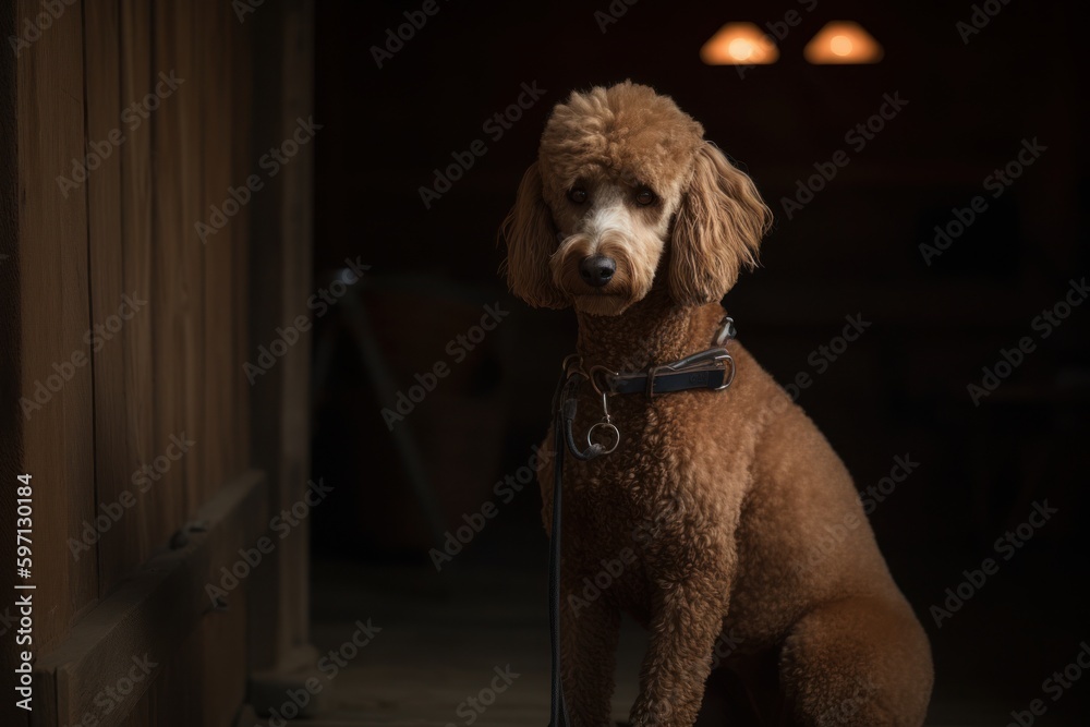 Studio portrait photography of a curious poodle sitting against horse ...