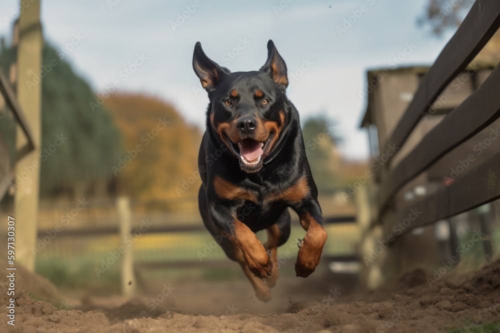 ภาพประกอบสต็อก Environmental portrait photography of a happy rottweiler ...