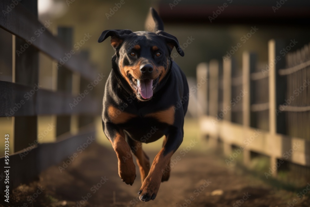 Environmental portrait photography of a happy rottweiler jumping ...