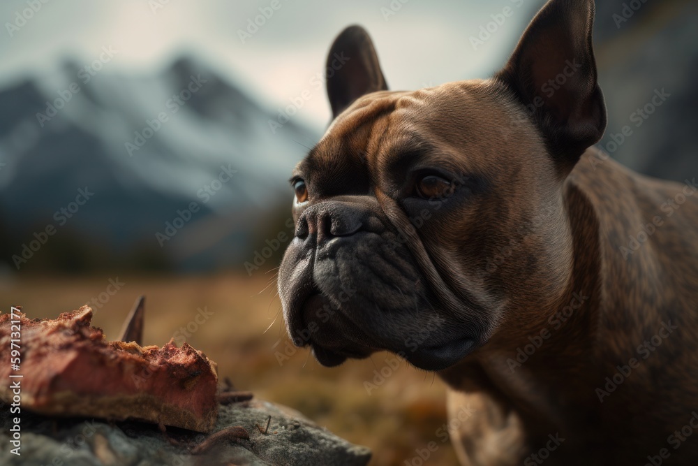 Medium shot portrait photography of a scared french bulldog eating ...