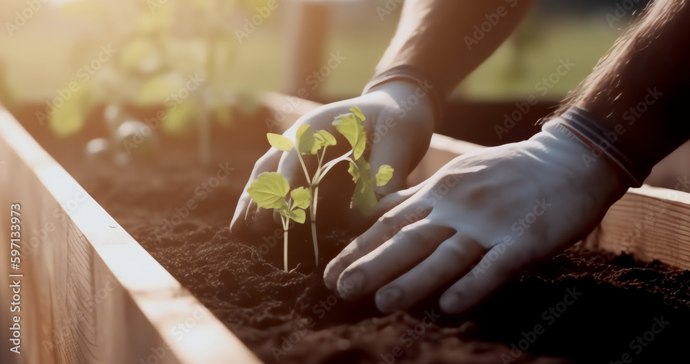 gardener transplanting a seedling into a raised garden bed in soft ...