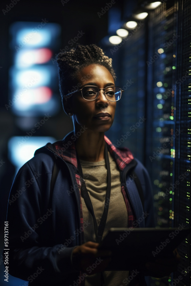 Ilustrace „In the digital heart of a data center, a 45-year-old Afro ...