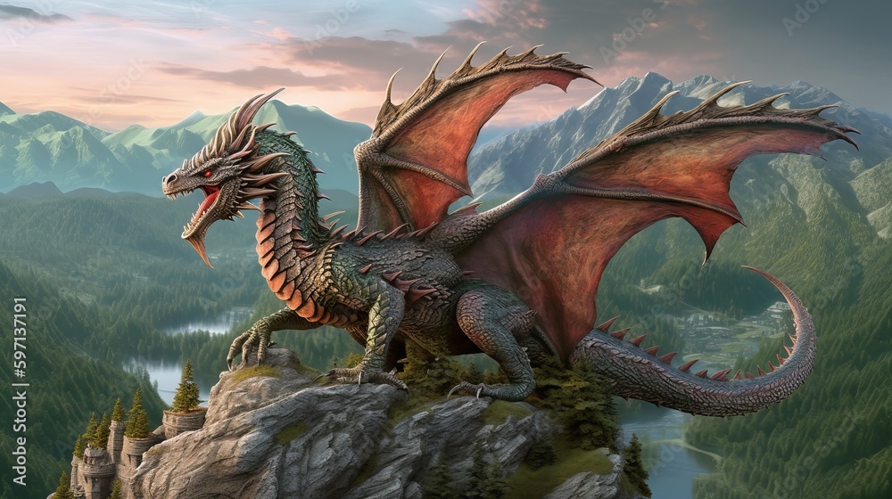 colossal, ancient dragon perches on a mountaintop, with a vast ...