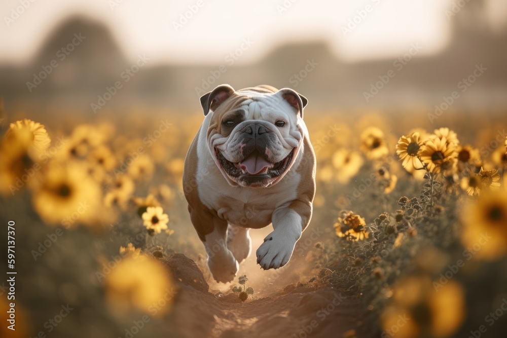 Lifestyle portrait photography of a curious bulldog running against ...