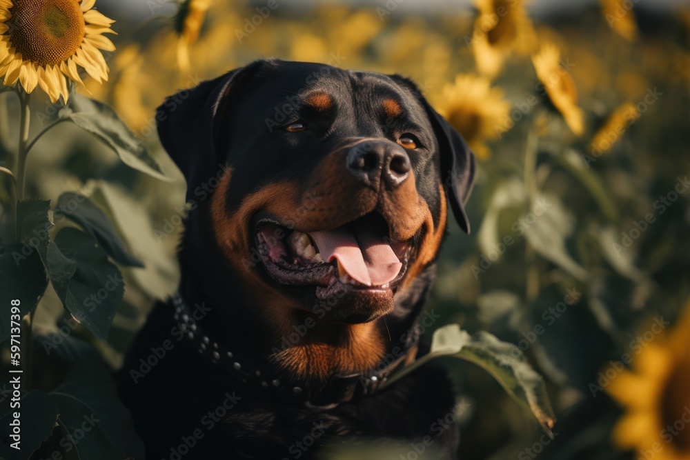 Lifestyle portrait photography of a happy rottweiler biting his tail ...