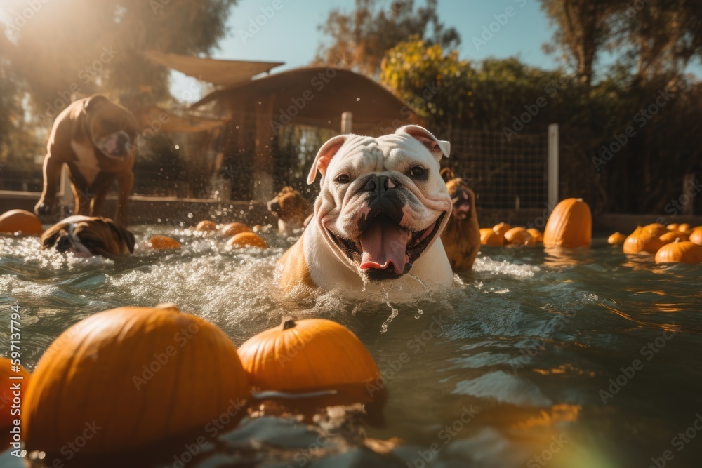 Group portrait photography of a curious bulldog splashing in a pool ...