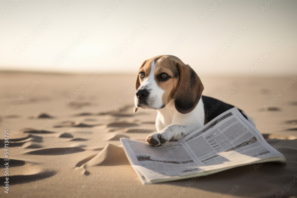 Group portrait photography of a bored beagle holding a newspaper in its ...