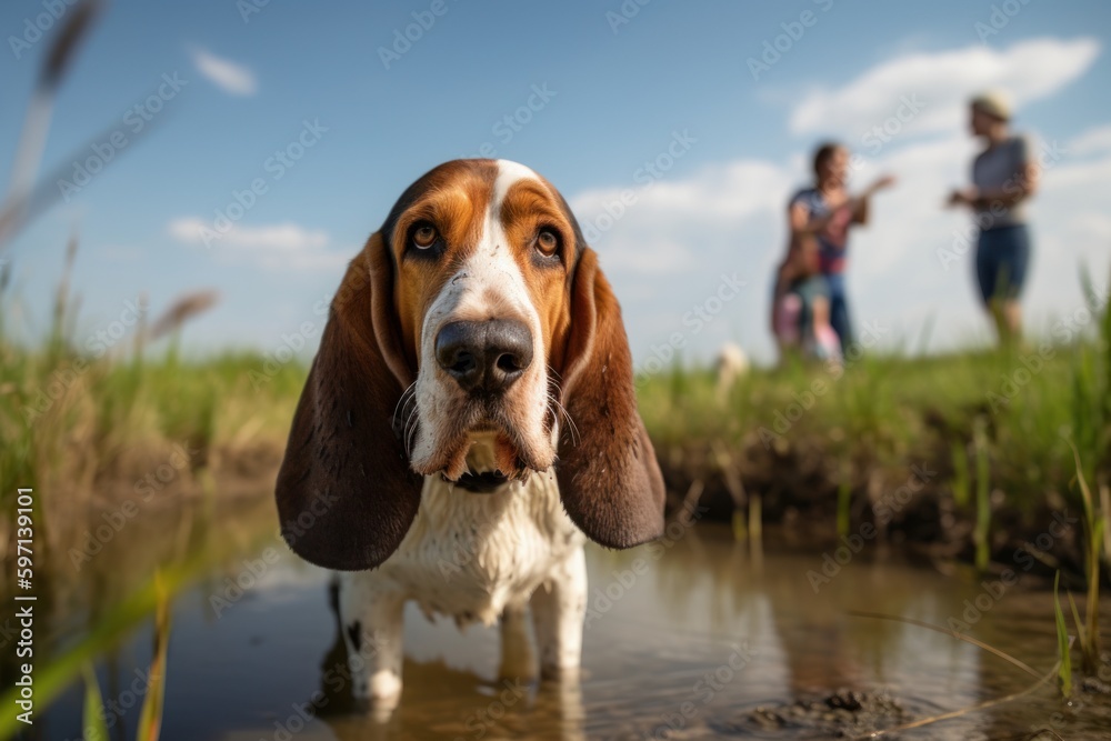 Medium shot portrait photography of a curious basset hound posing with ...