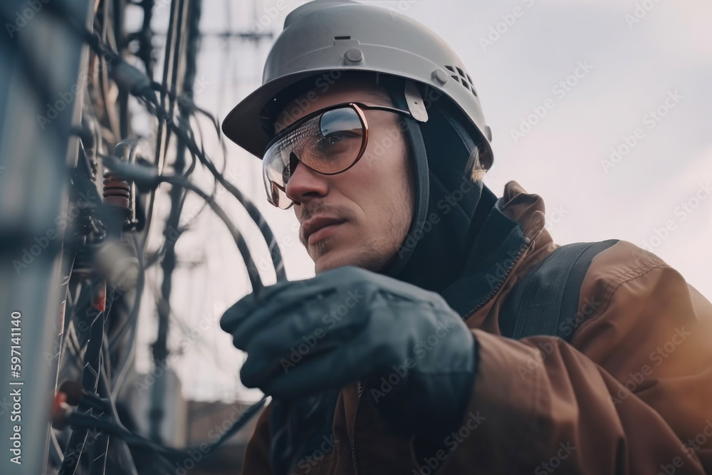 Electrical engineer wearing a helmet and safety vest working on high ...