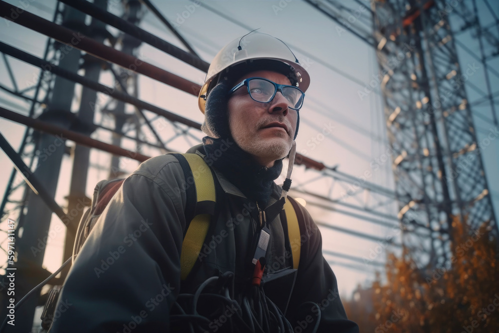 Electrical engineer wearing a helmet and safety vest working on high ...