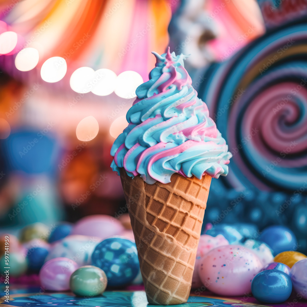 Vibrant swirls of pink and blue on a soft serve ice cream cone, set ...