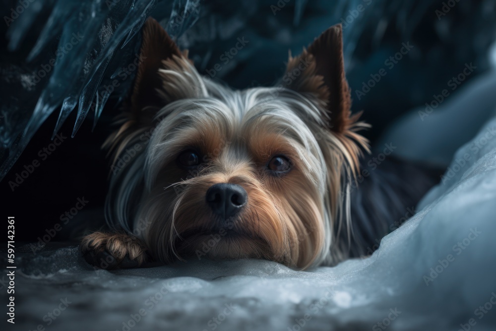 Lifestyle portrait photography of a scared yorkshire terrier sleeping ...