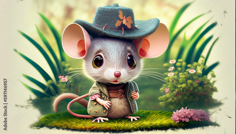 Cute Cartoon Story Book Mouse Character in a Garden Wearing a Hat ...
