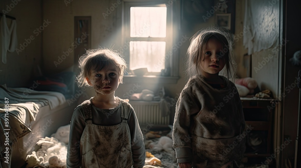 Crying sad children in dirty cluttered apartment, children from ...