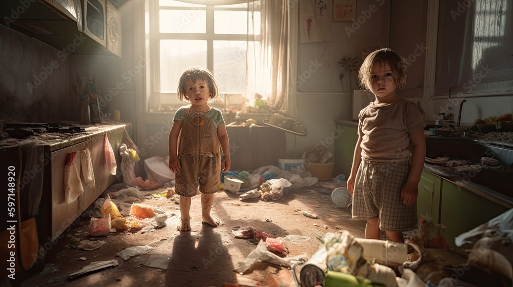 Crying sad children in dirty cluttered apartment, children from ...