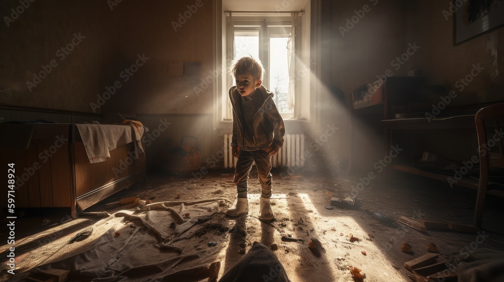 Crying sad boy in dirty cluttered apartment, child from dysfunctional ...