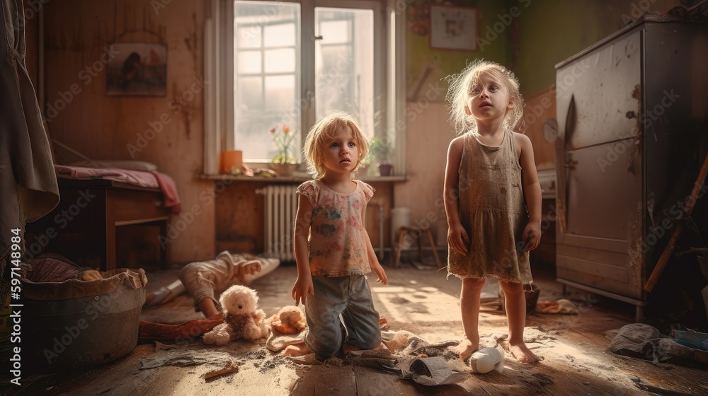 Crying sad children in dirty cluttered apartment, children from ...
