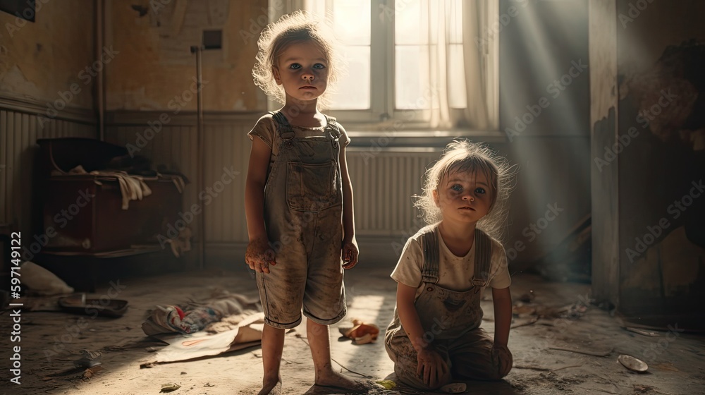 Crying sad children in dirty cluttered apartment, children from ...
