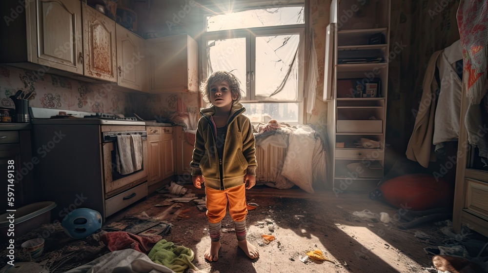 Crying sad boy in dirty cluttered apartment, child from dysfunctional ...