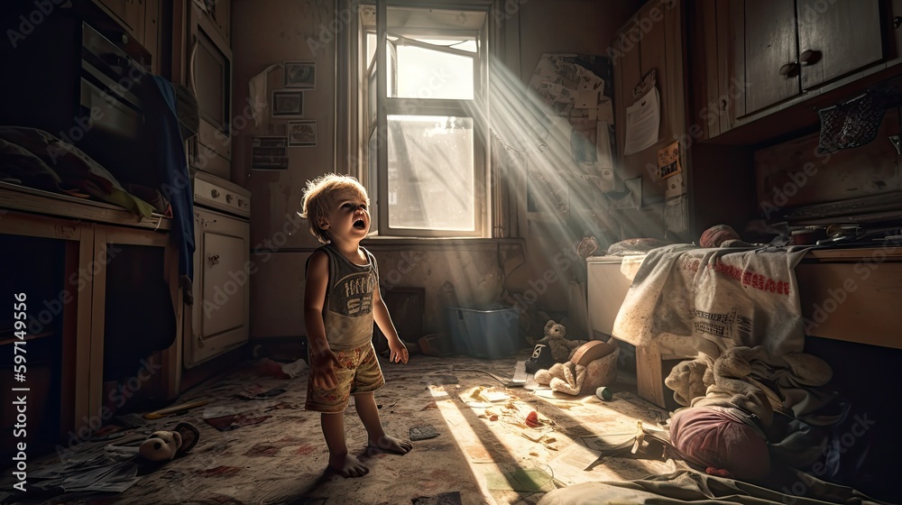 Crying sad boy in dirty cluttered apartment, child from dysfunctional ...
