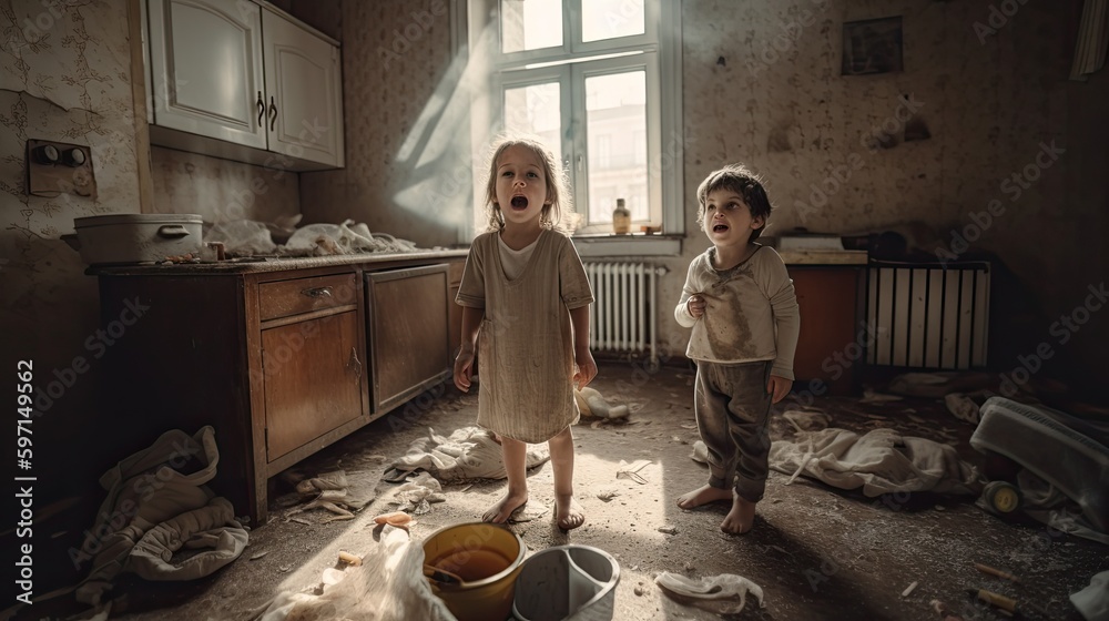 Crying sad children in dirty cluttered apartment, children from ...