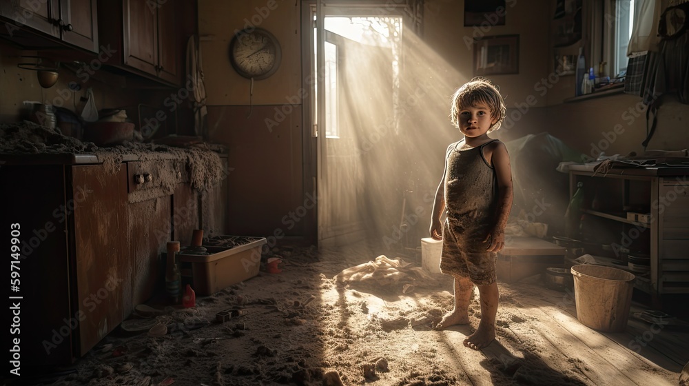 Crying sad boy in dirty cluttered apartment, child from dysfunctional ...